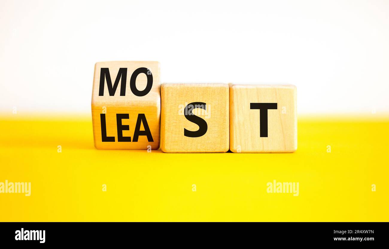 Most or least symbol. Businessman turns wooden cubes and changes the ...