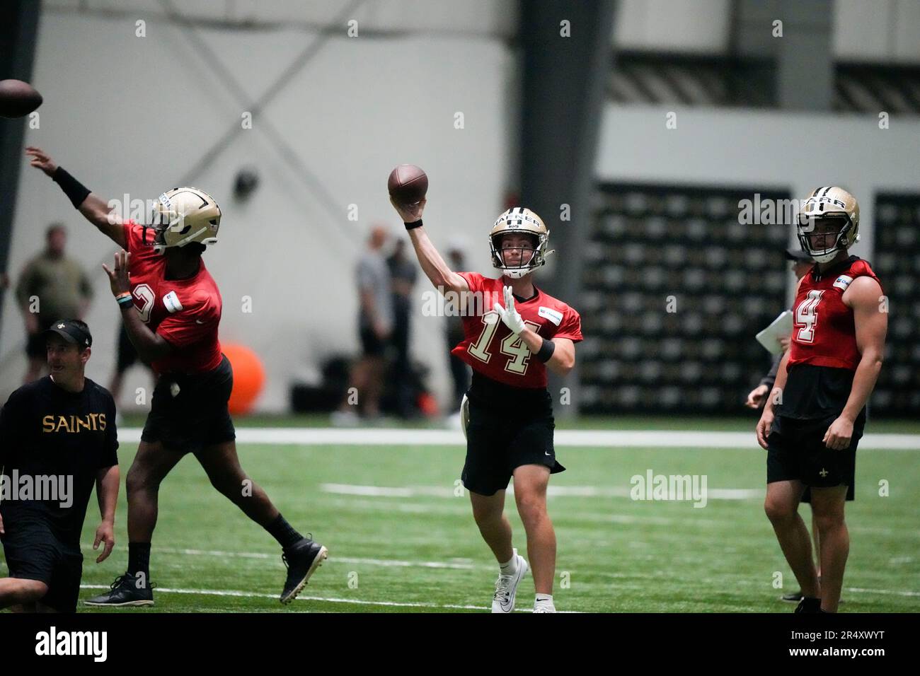 New Orleans Saints quarterback Josh Haener (14) runs through drills ...