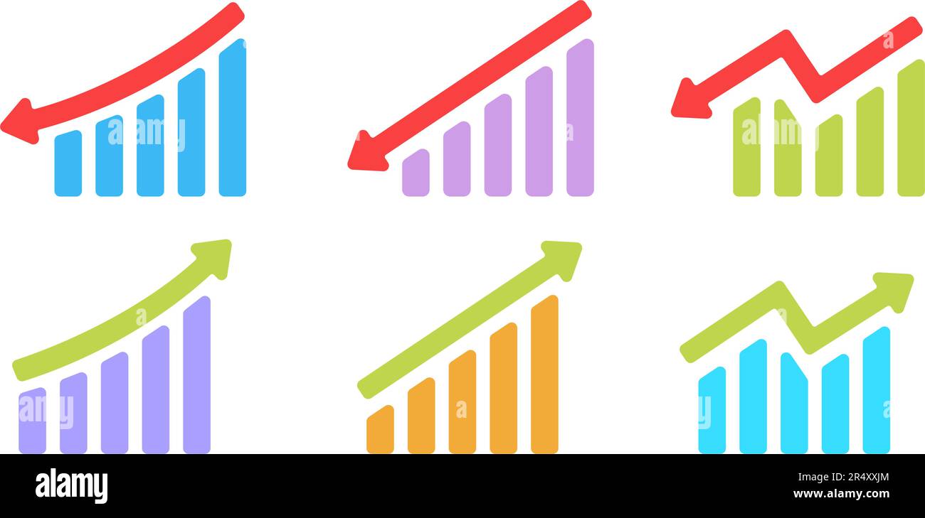 Graph icons. Colorful graphs with arrow going up or down. Vector ...