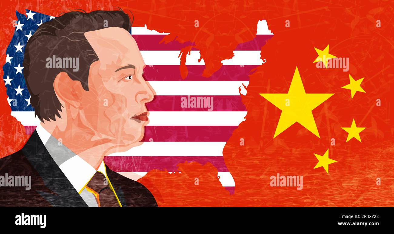 Portrait of Elon Musk on the background of the US map with the texture ...