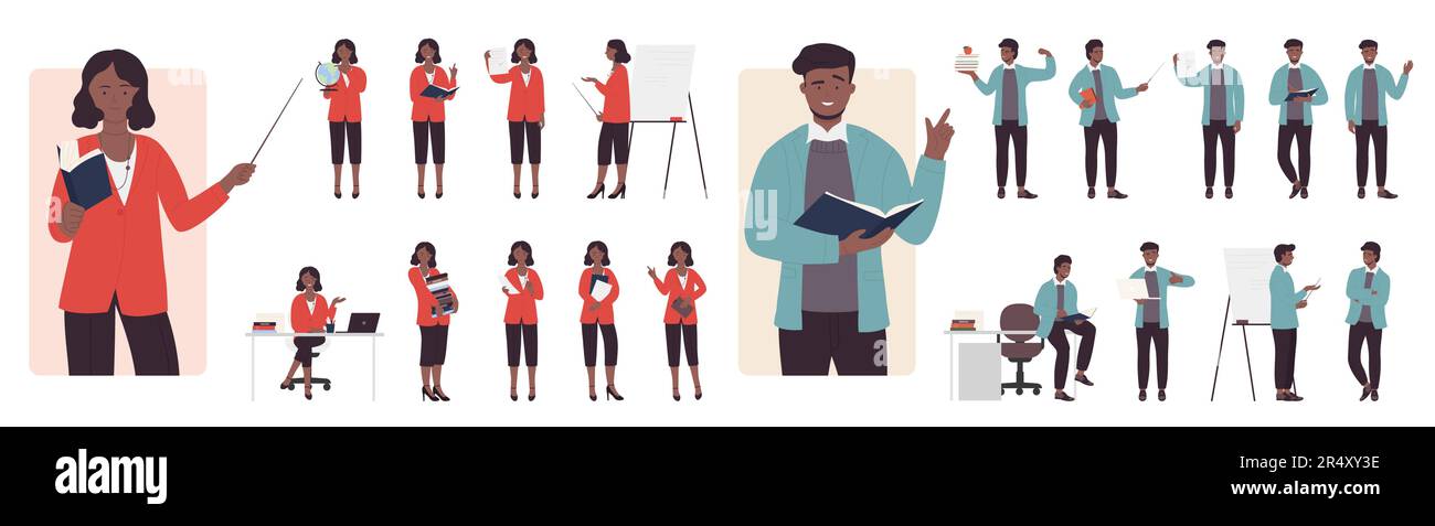 Cartoon isolated male dark skin and female characters standing pointing ...