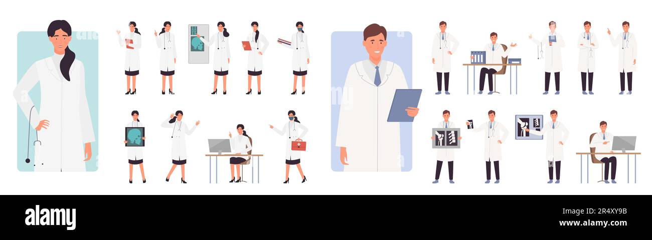 Cartoon isolated man and woman wearing medical robes holding ...