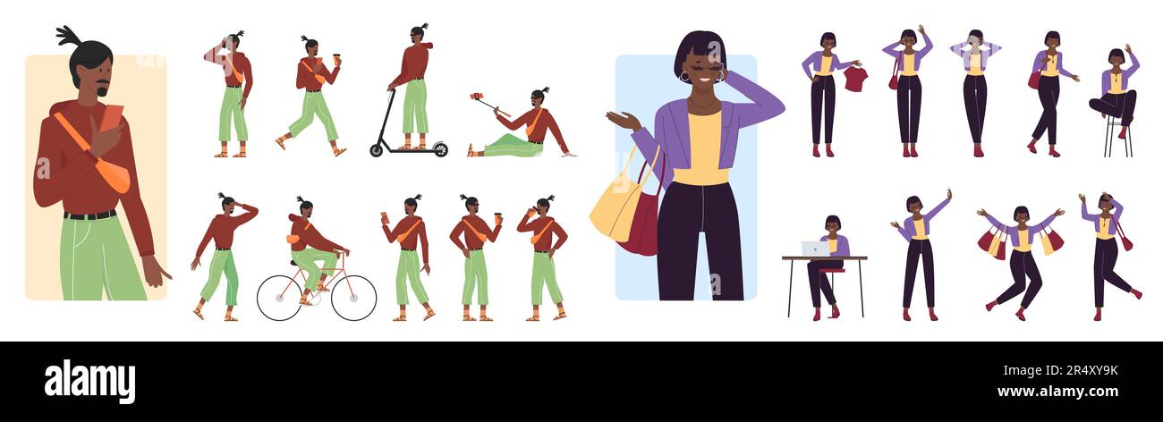 Cartoon isolated dark skin male female characters standing, walking and ...