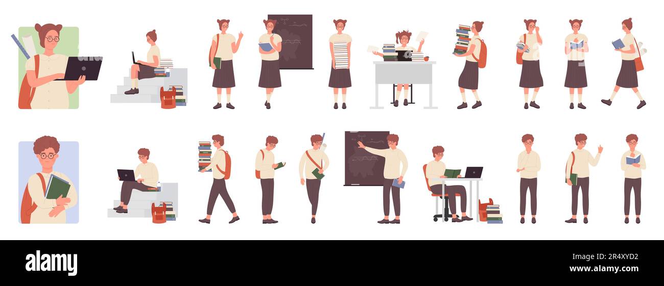 Cartoon intelligent smart casual boy and girl characters with glasses ...