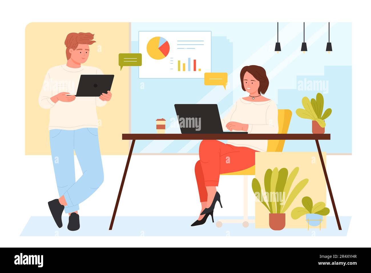 Woman talk man desk help table Cut Out Stock Images & Pictures - Alamy