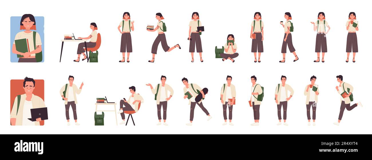 Cartoon student male female holding coffee cup, posing with book to ...