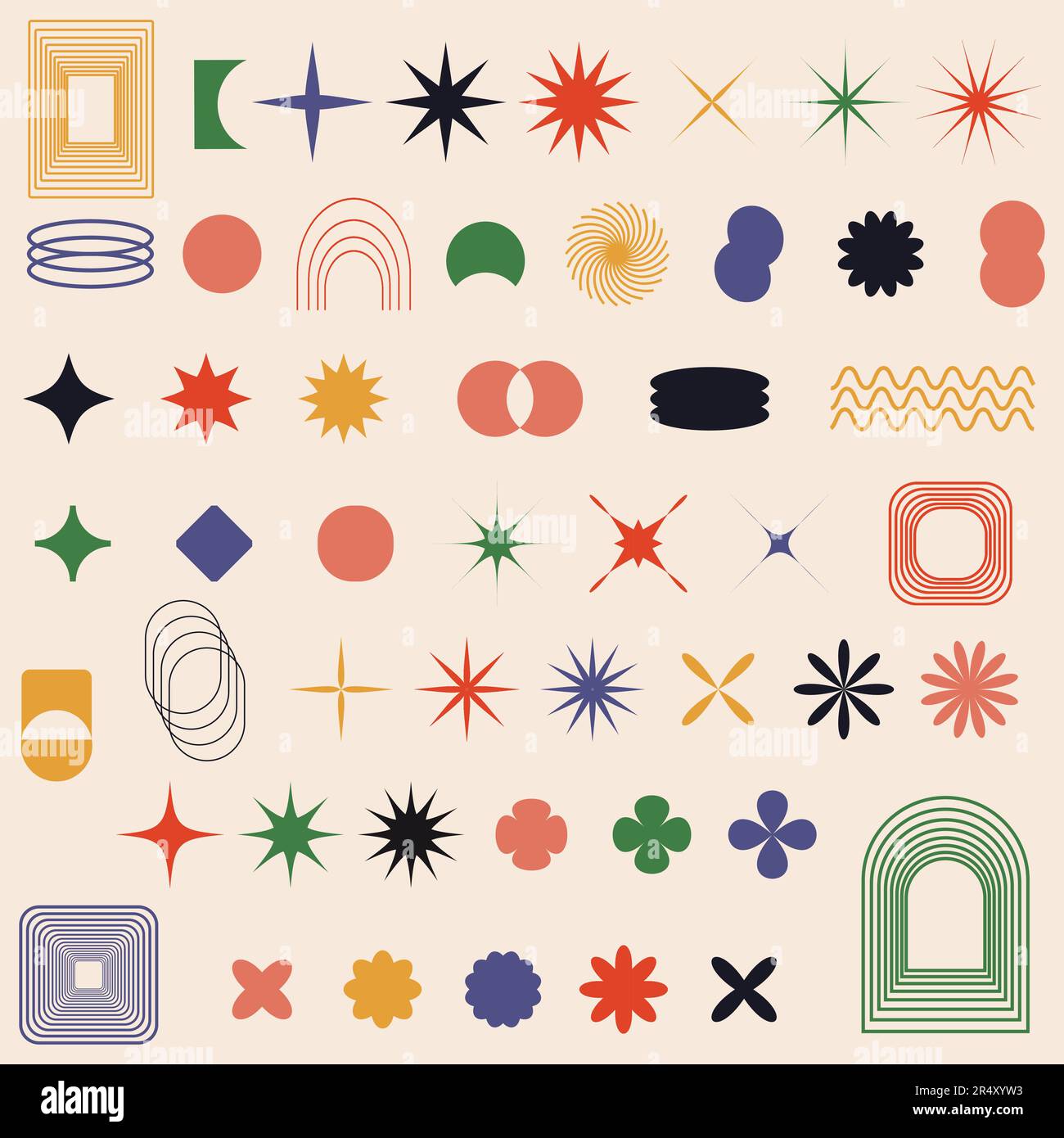 Swiss bauhaus y2k brutalist elements. Abstract geometric shapes, contemporary flower, star ...