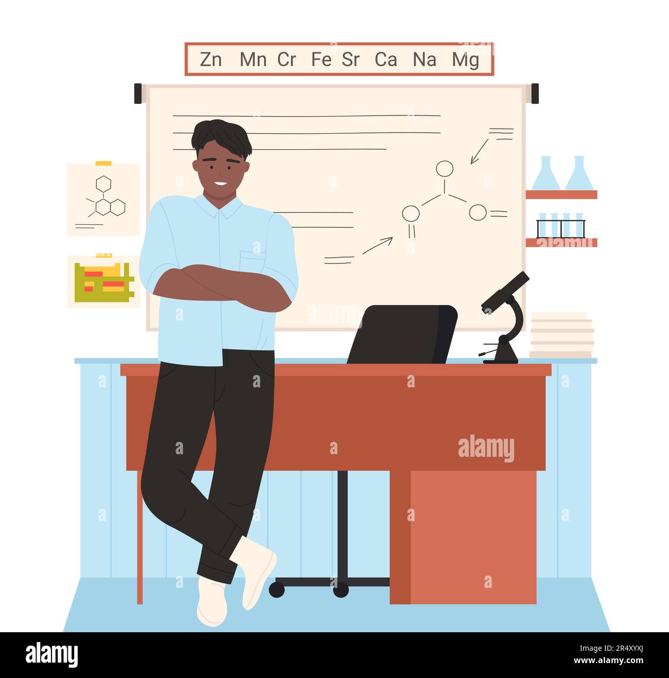 Male teacher standing at blackboard to explain science presentation vector illustration. Cartoon ...