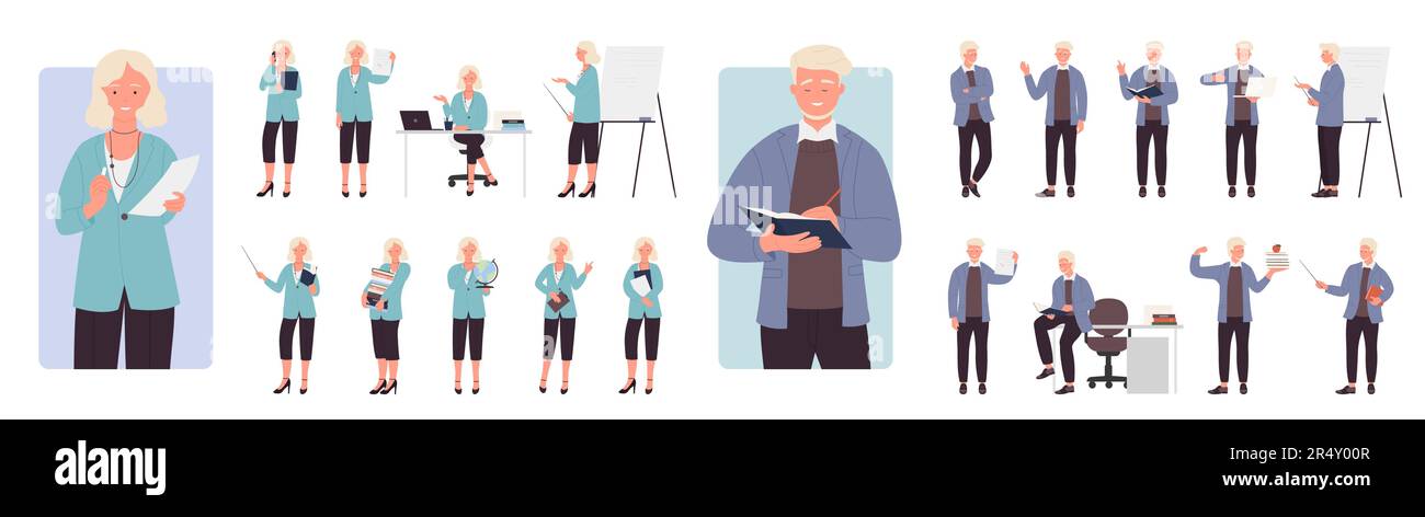 Teachers poses set vector illustration. Cartoon isolated male and ...