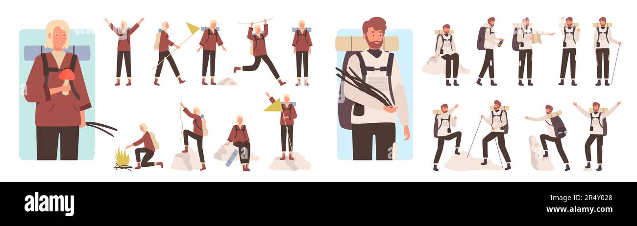 Cartoon man woman separated travelers hiking, camping, kayaking and ...