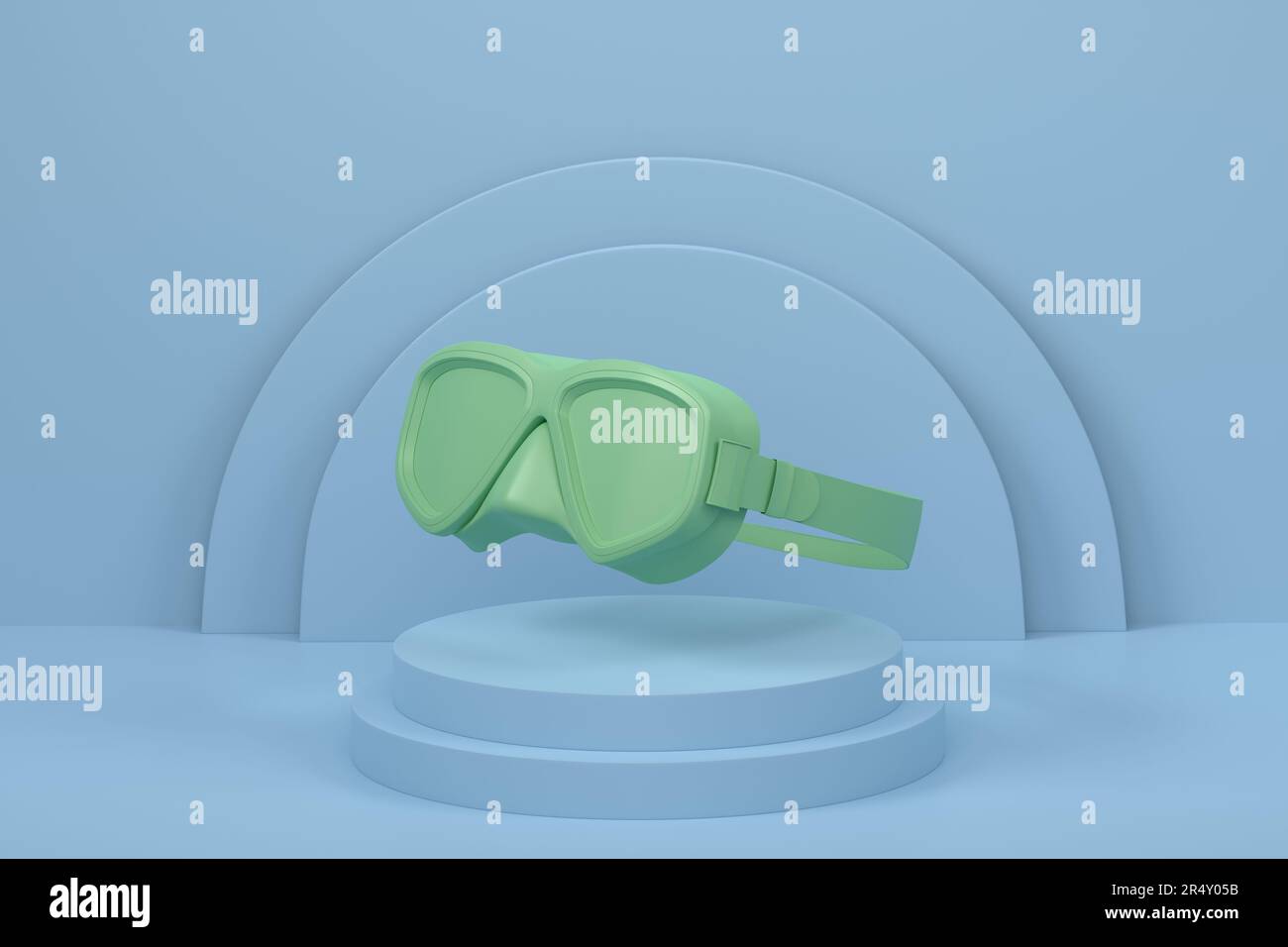 Diving mask for snorkeling on cylinder podium with steps on monochrome ...