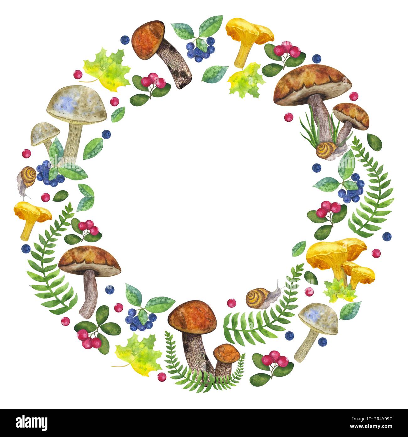 Round frame botanical wreath: edible mushrooms, leaves and berries ...