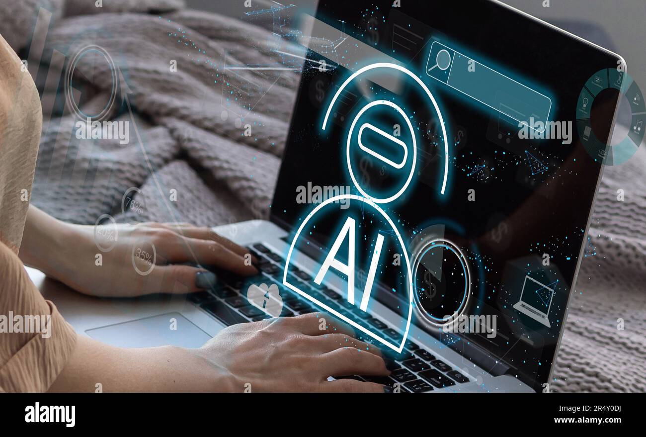 Woman using chatbot in computer and tablet smart intelligence Ai. Chat ...