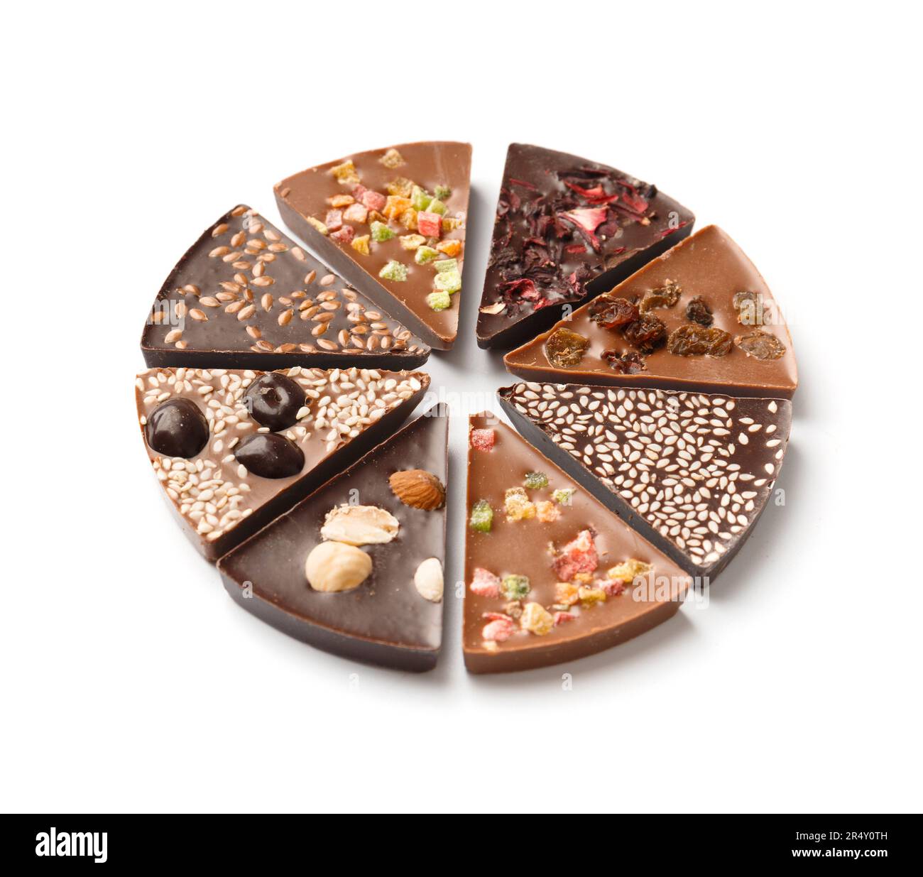 Chocolate pizza made of black and milk chocolate with candied fruits ...