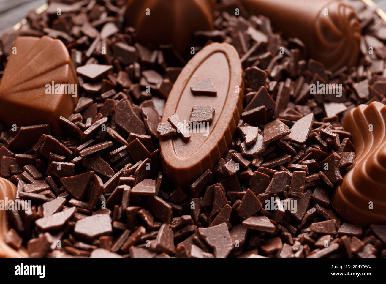 Beautifully shaped milk chocolate sweets dipped in chocolate chips ...