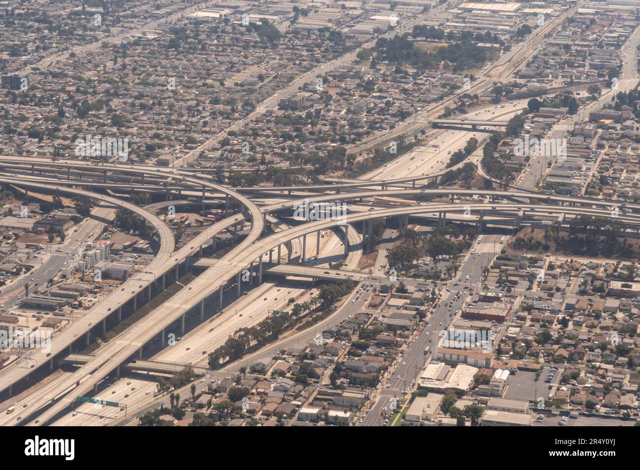 Daytime Aerial view of the 110 and the 105 interchanges in Los Angeles ...