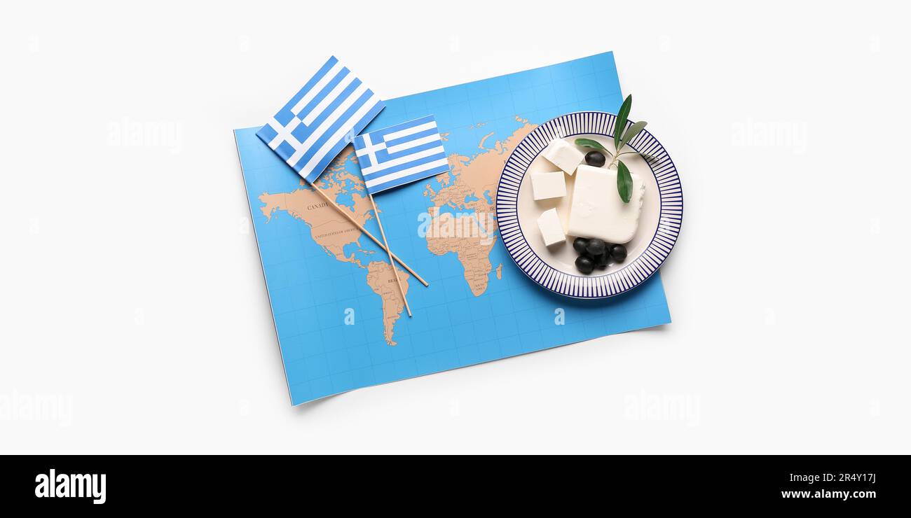 World map with paper flags of Greece, plate with feta cheese and olives ...