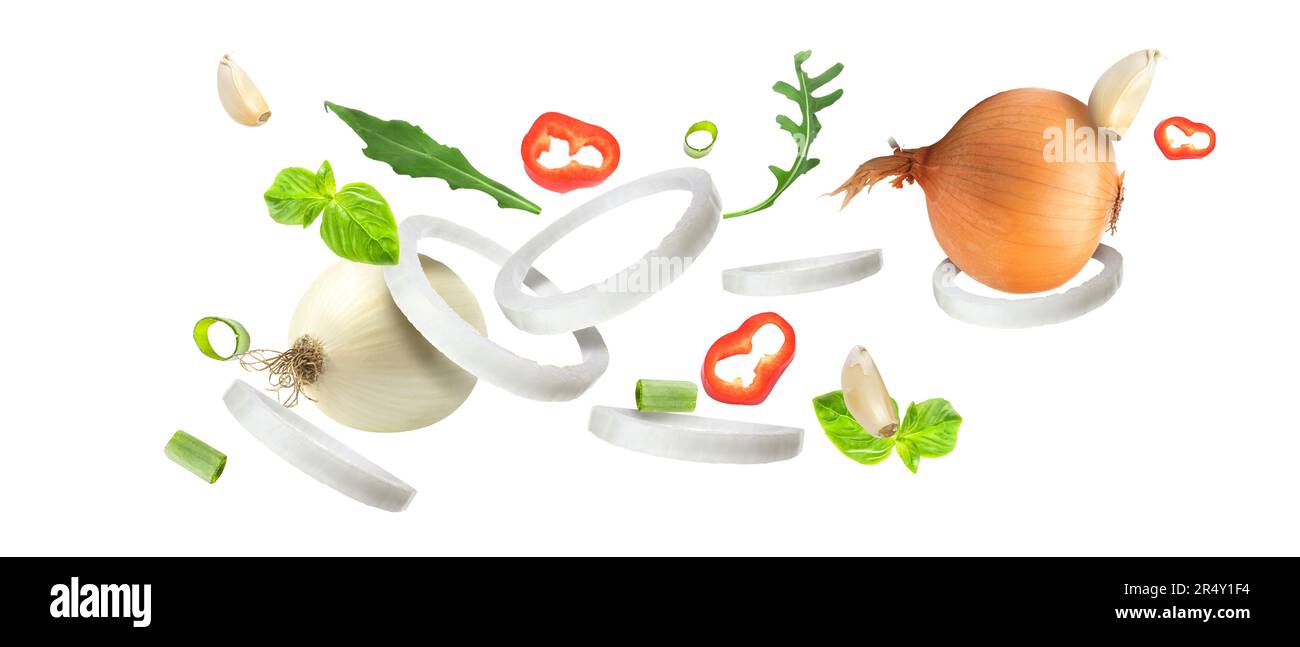 Flying onion, herbs and spices isolated on white Stock Photo - Alamy