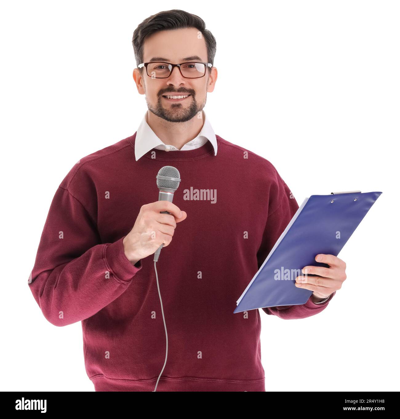 Male journalist with microphone and clipboard on white background Stock ...