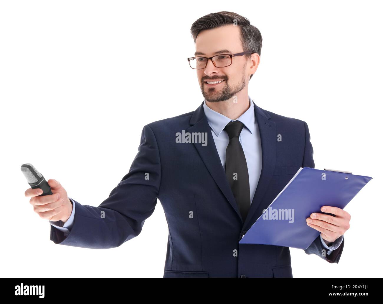 Male journalist with microphone and clipboard on white background Stock ...