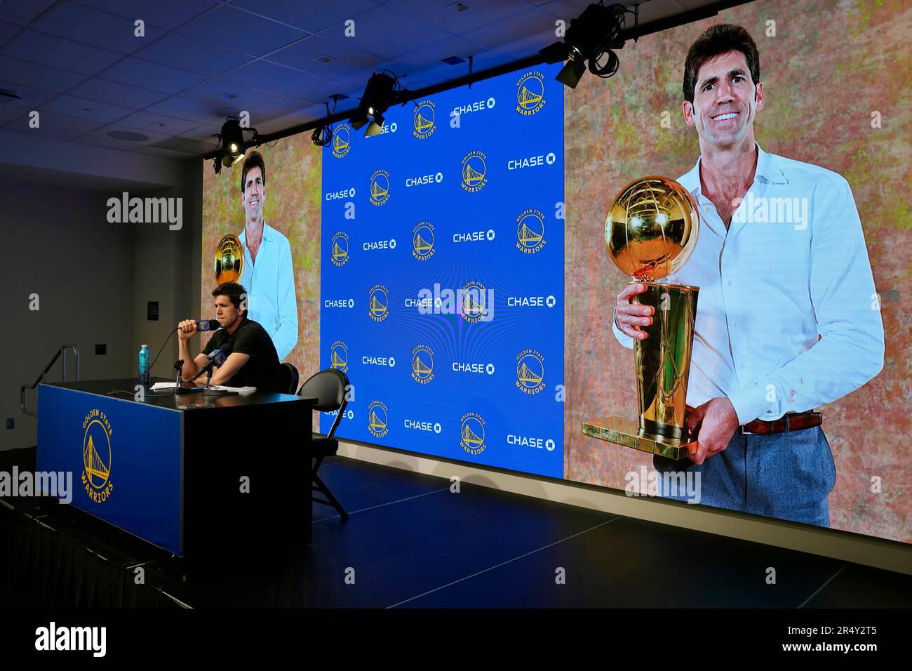 Golden State Warriors president and general manager Bob Myers makes a ...