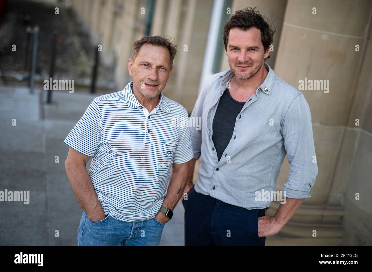 Stuttgart, Germany. 29th May, 2023. Actors Richy Müller (l) and Felix ...