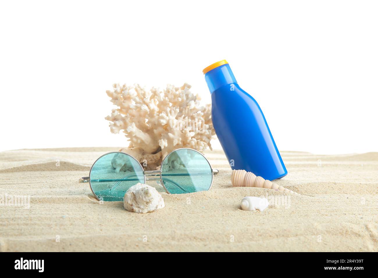 Creative composition with bottle of sunscreen cream, sunglasses and ...