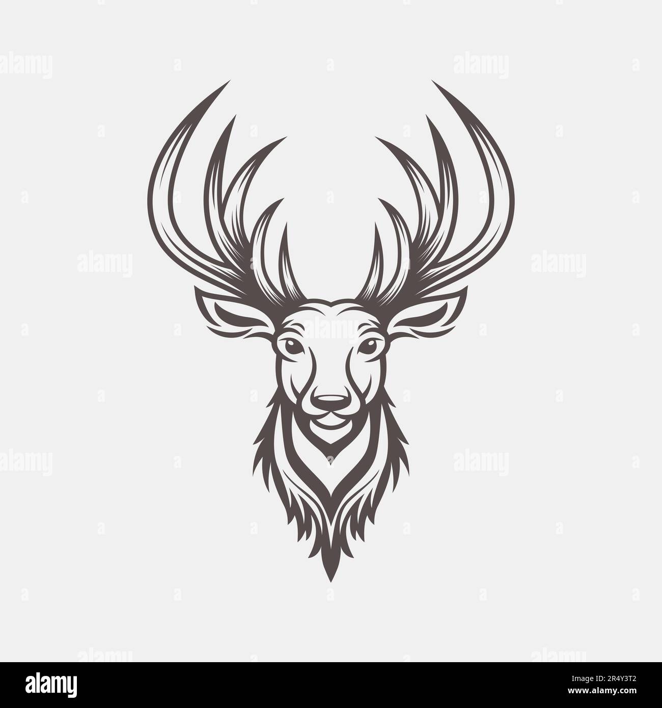 Vector Deer Head with Horns, Antlers. Hand Drawn Black and White ...