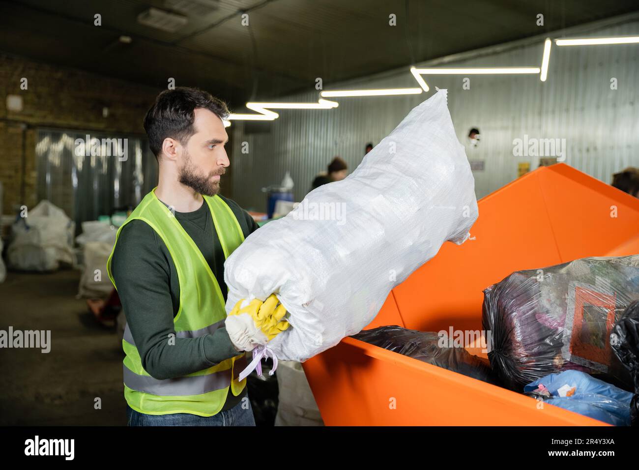 Side view of bearded sorter in glove and protective vest putting sack ...