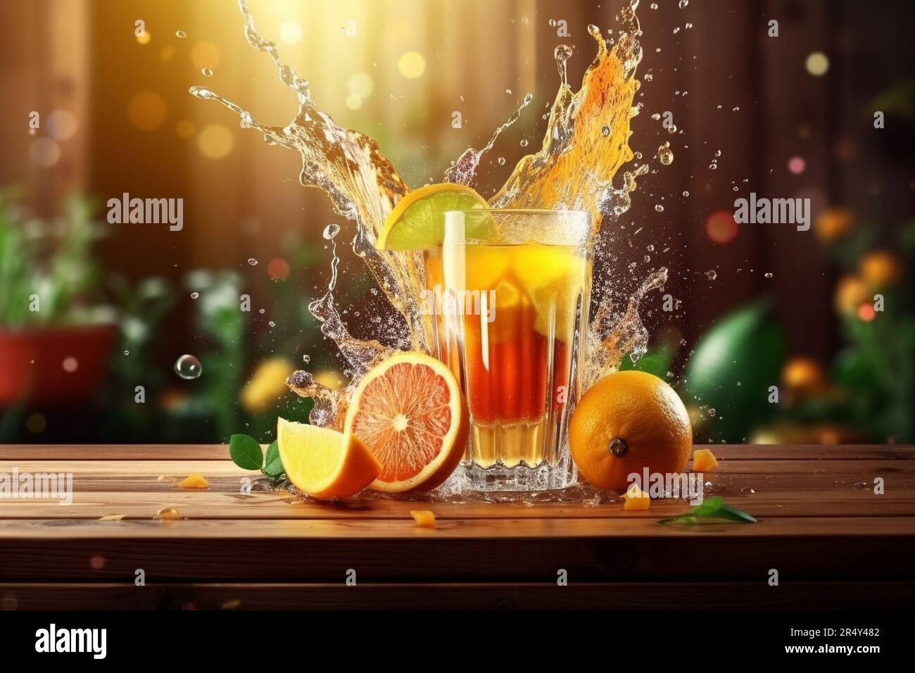 Bright summer fresh still life with a glass of juice, splashes and ...