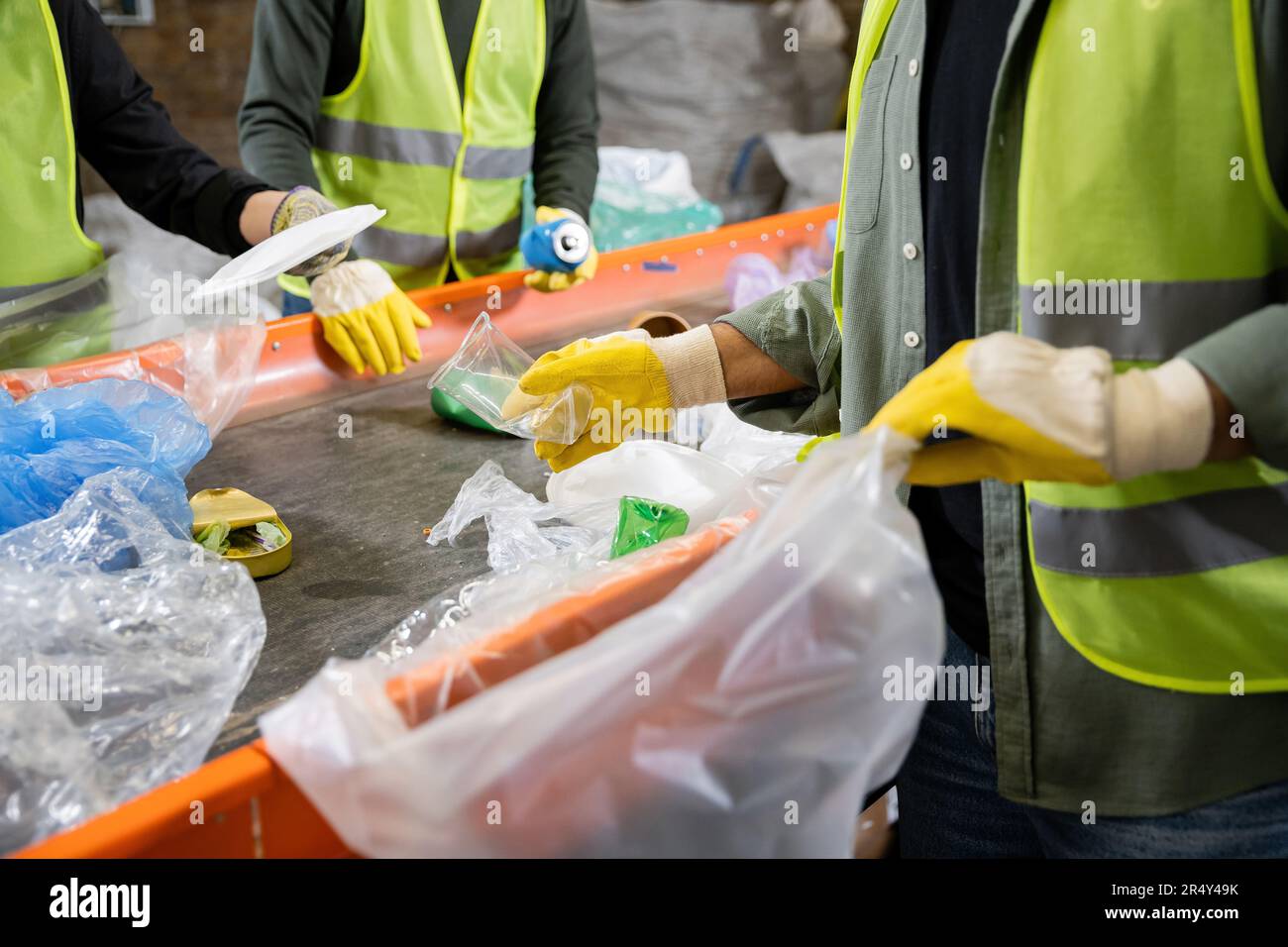 Cropped view of sorter in gloves and protective vest holding blurred ...