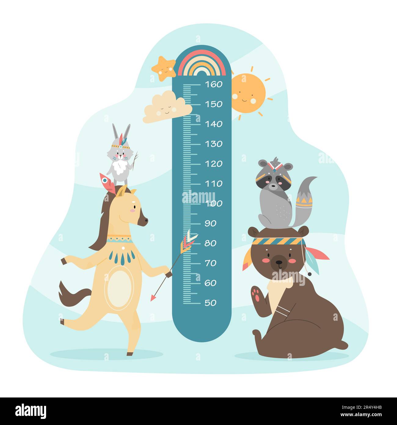 Kids height chart with cute boho animals vector illustration. Cartoon ...