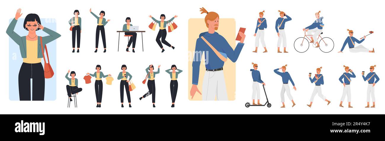 Poses of young people set vector illustration. Cartoon isolated male ...