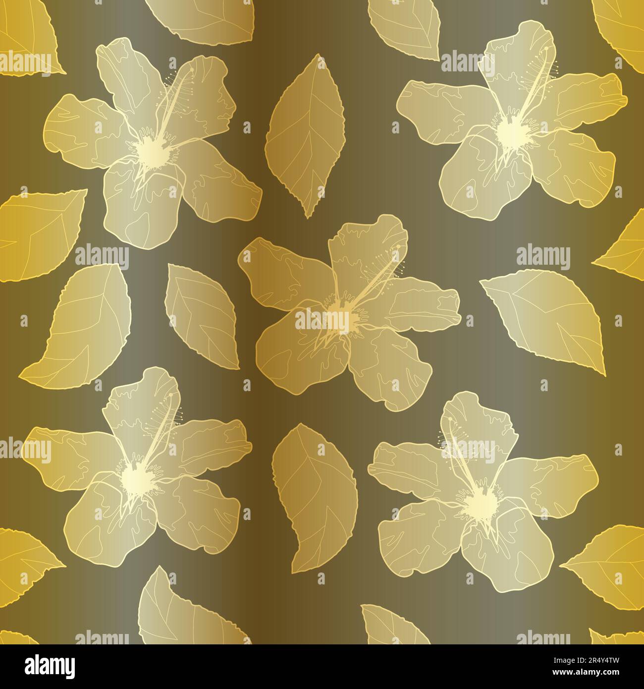 Golden Hibiscus flowers and leaves on a black background, seamless ...
