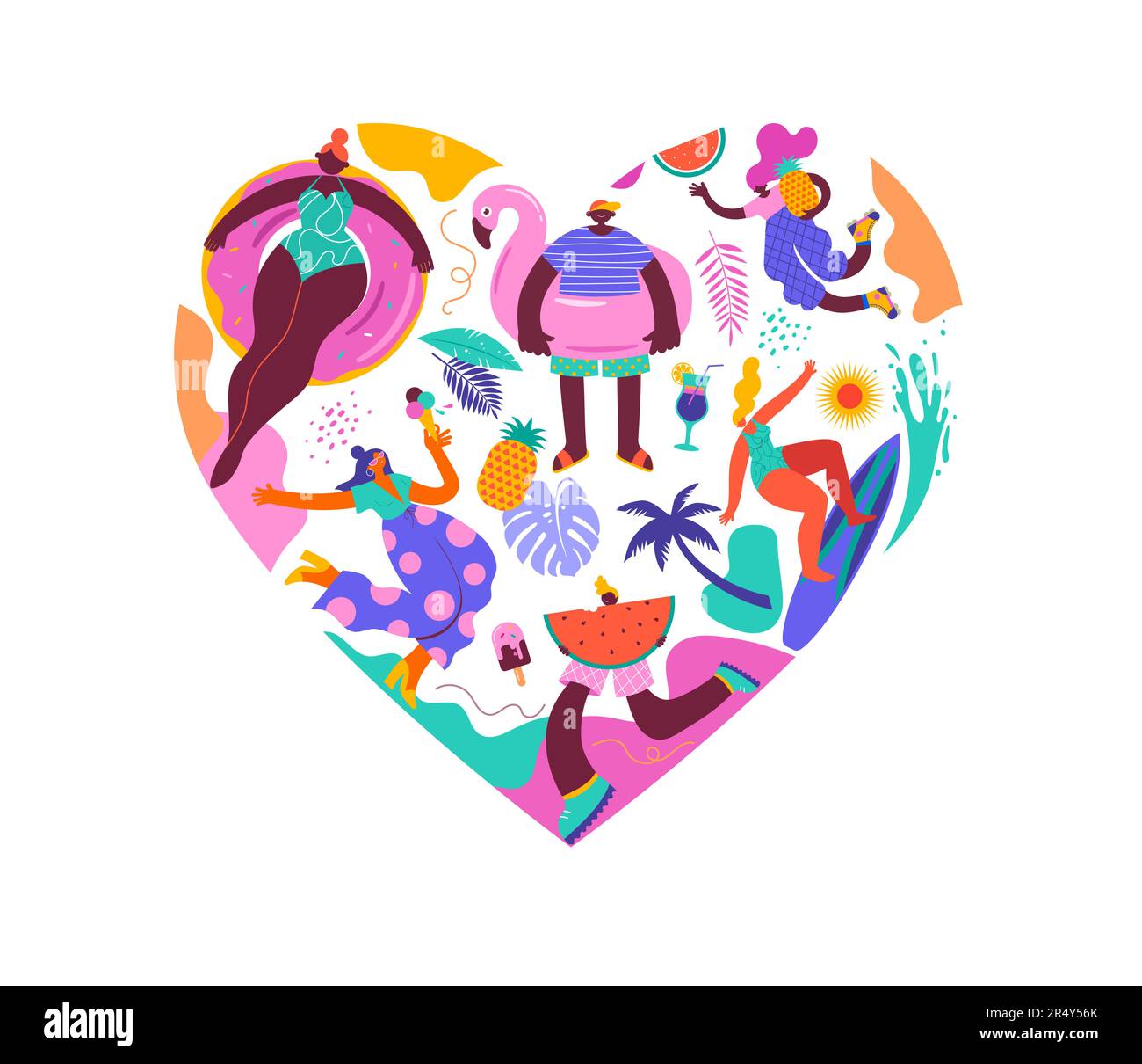Summertime vibes heart design with cute summer beach doodles and icons ...