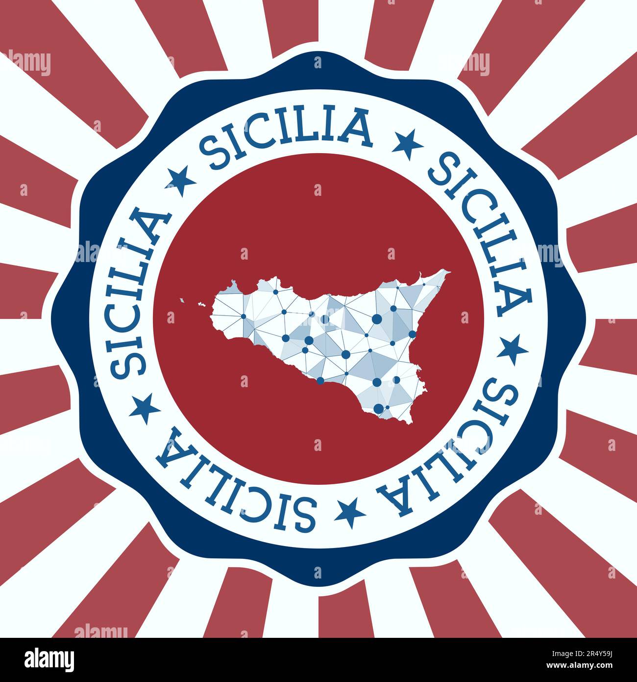 Sicilia Badge. Round logo of island with triangular mesh map and radial ...