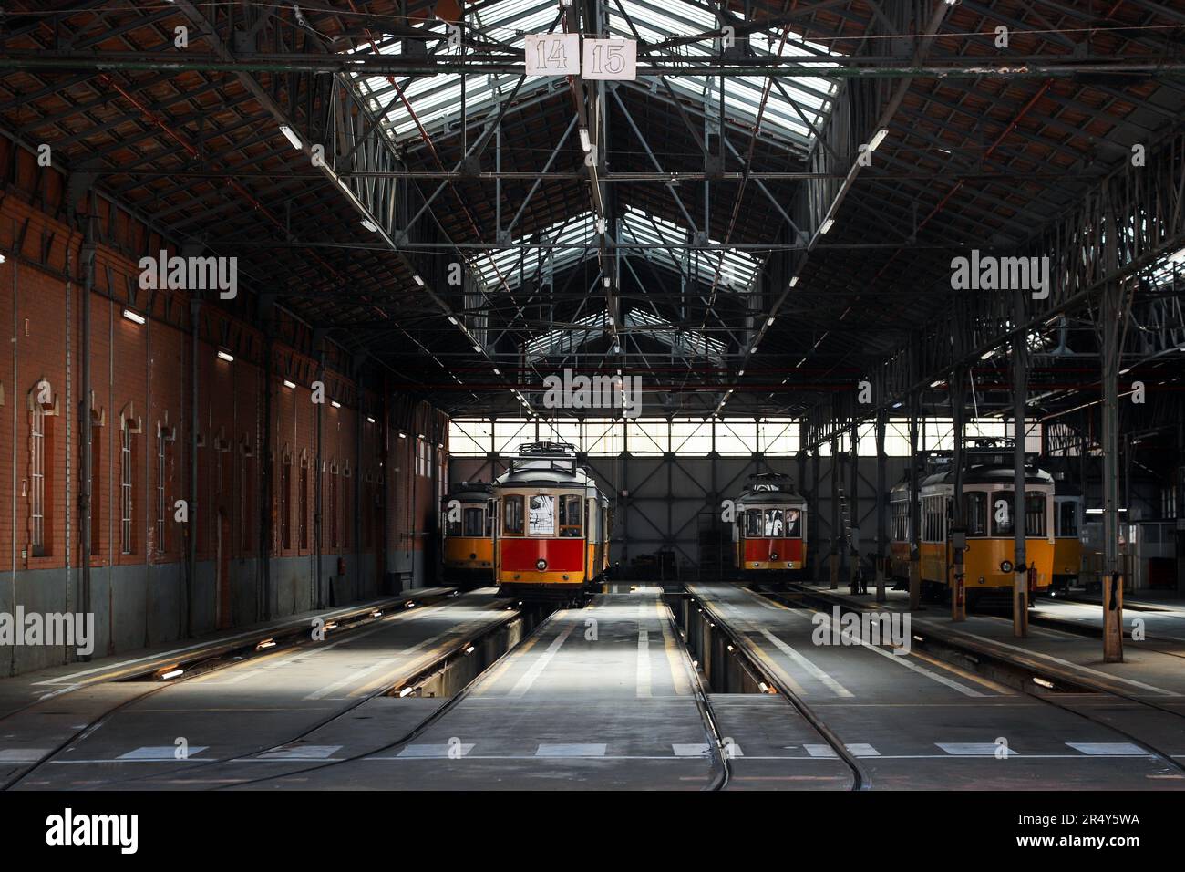 Vintage Trams Inside Historic Depot. Lisbon, Portugal Stock Photo - Alamy