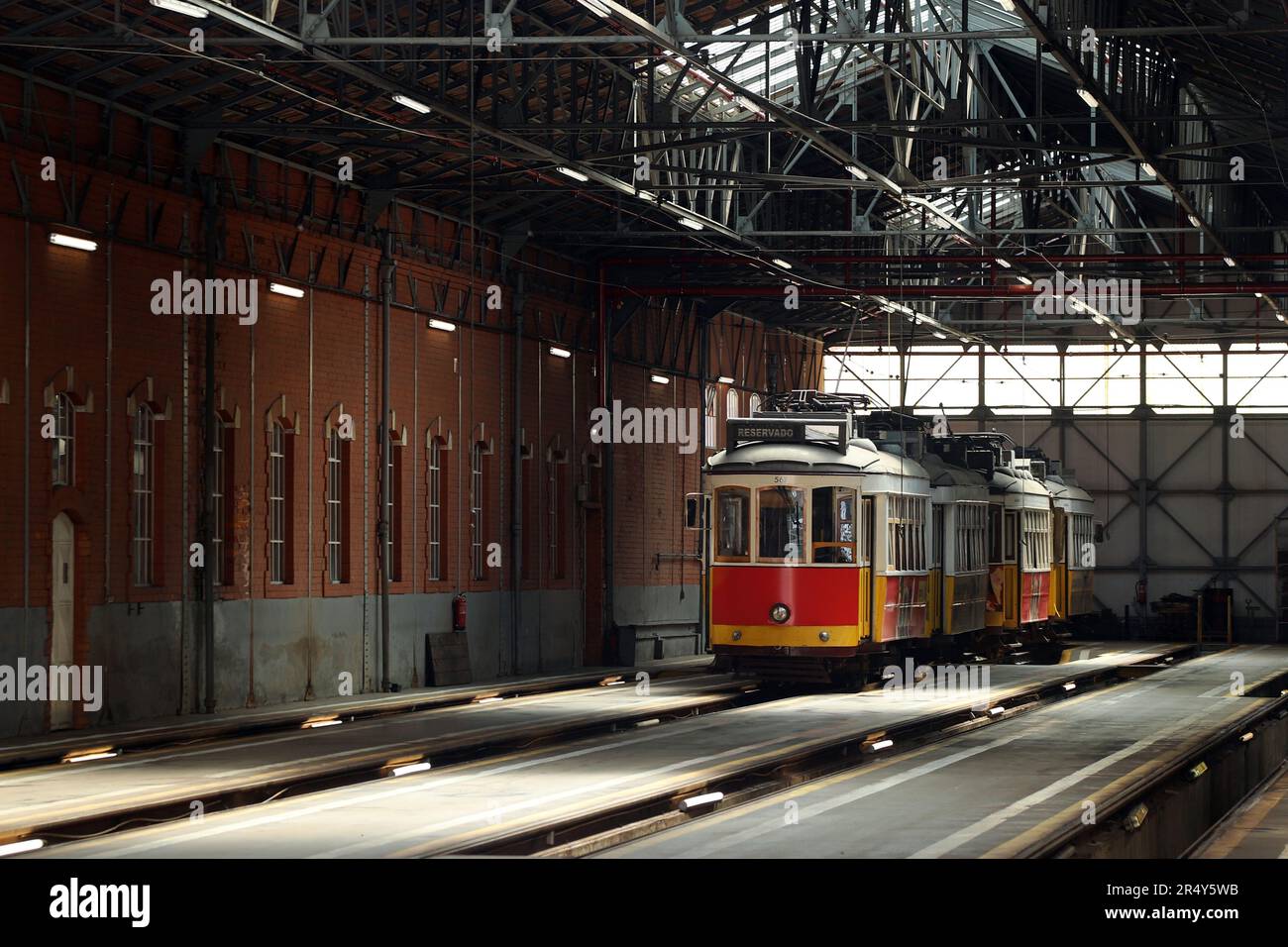Vintage Trams Inside Historic Depot. Lisbon, Portugal Stock Photo - Alamy