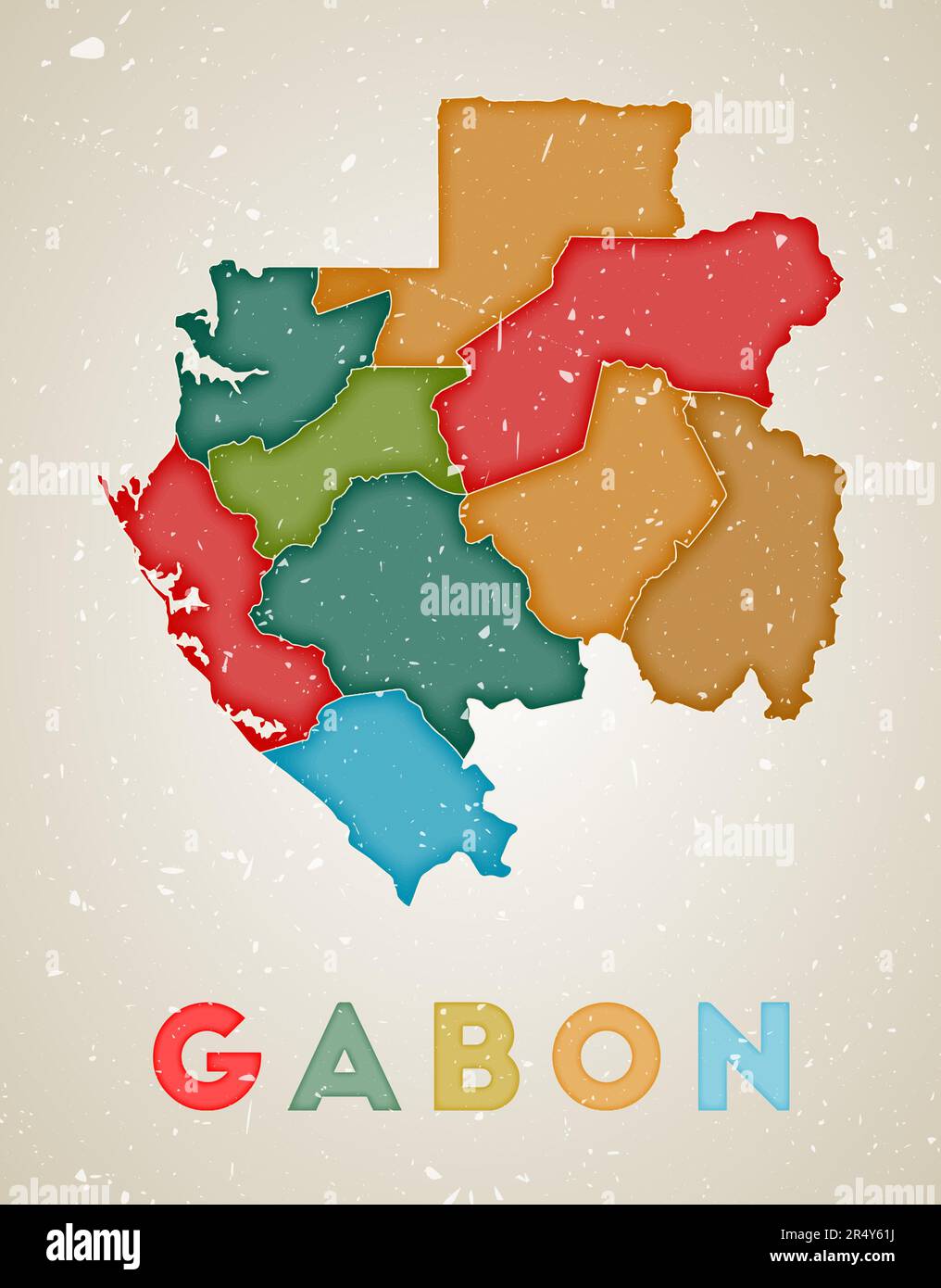 Gabon map. Country poster with colored regions. Old grunge texture ...