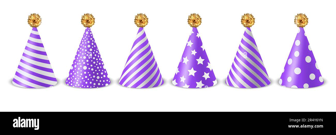 Vector 3d Realistic Purple and White Birthday Party Hat Icon Set ...