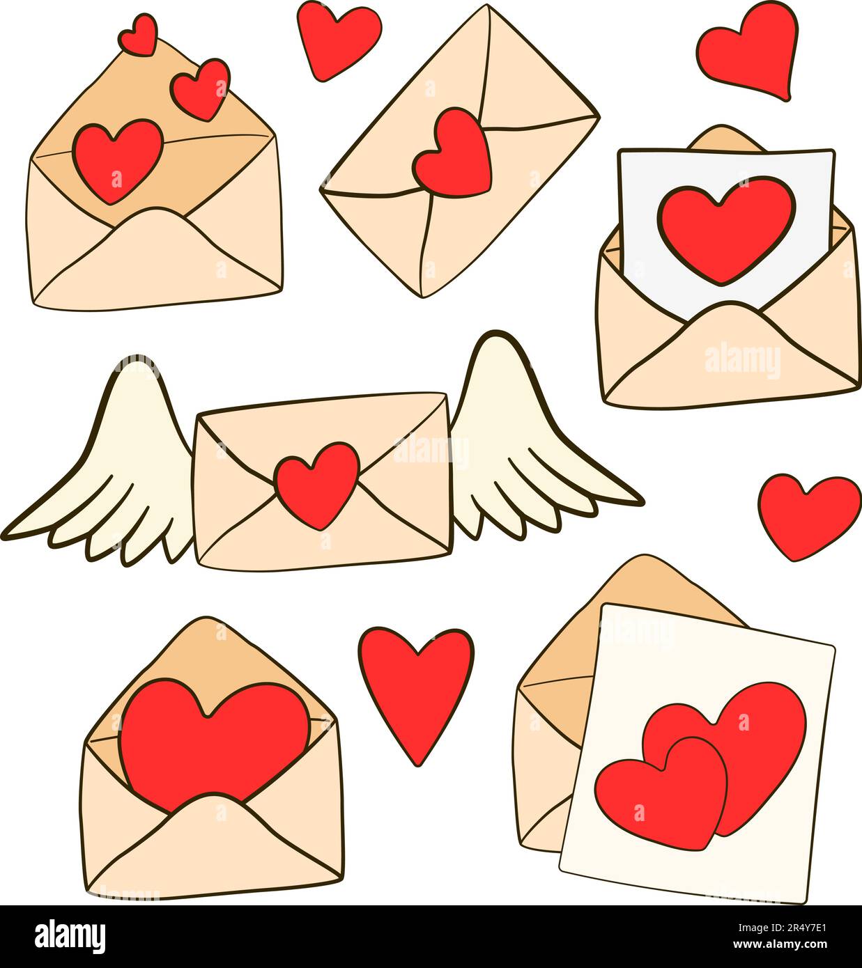 Love letters and hearts. Set of Valentine's day icons. Cartoon flat ...