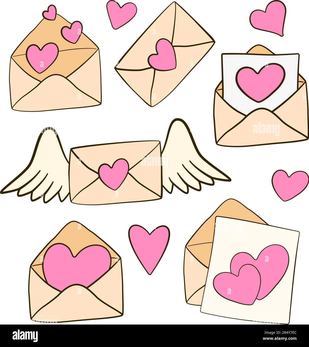Love letters and hearts. Set of Valentine's day icons. Cartoon flat ...