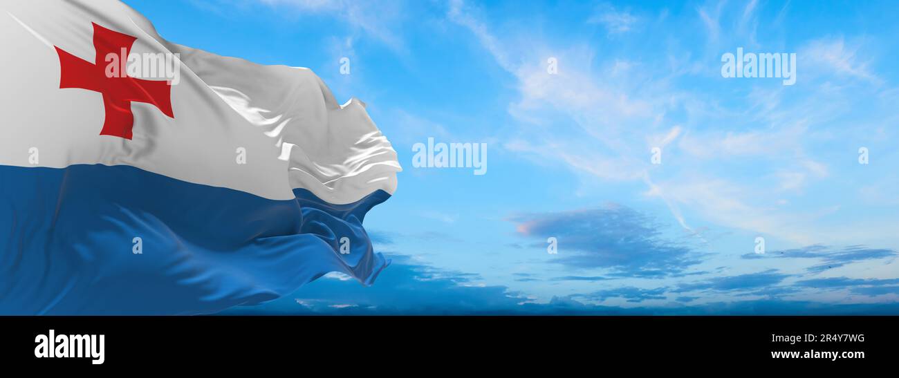 flag of Hellenic peoples Urums at cloudy sky background, panoramic view ...