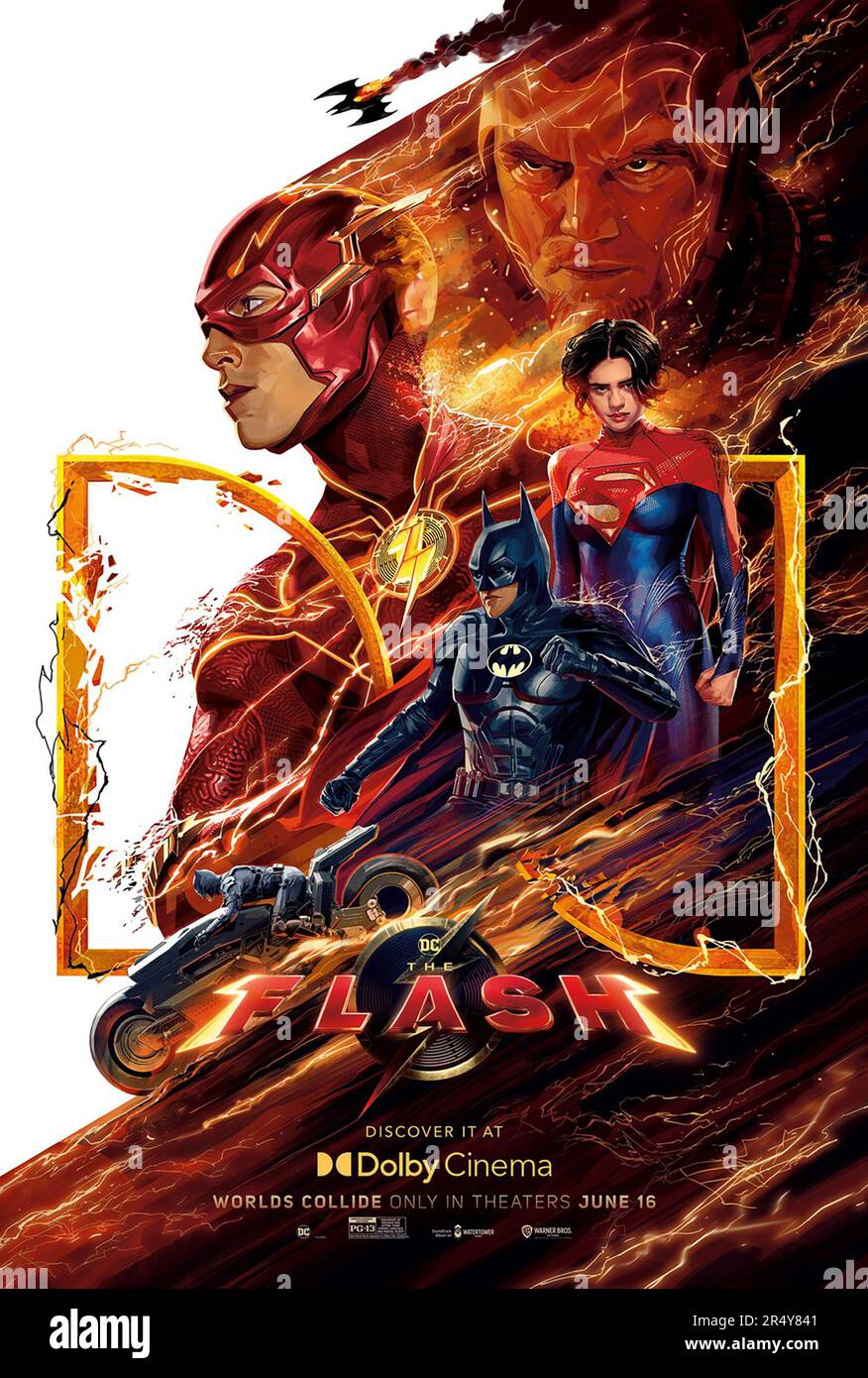THE FLASH, US Dolby Cinemas poster, from top: Michael Shannon as General Zod, Ezra Miller as The ...