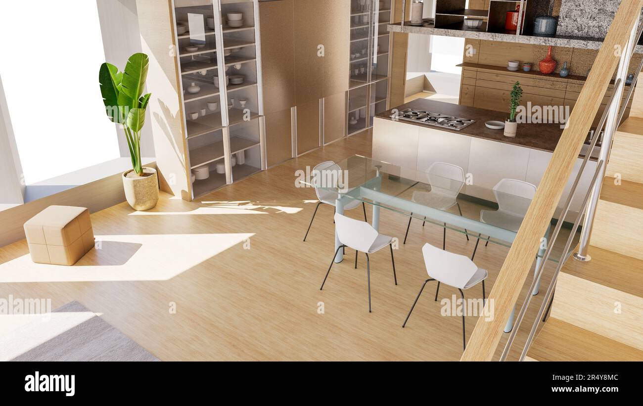 Internal view of an open space with big windows, large size, modern and ...