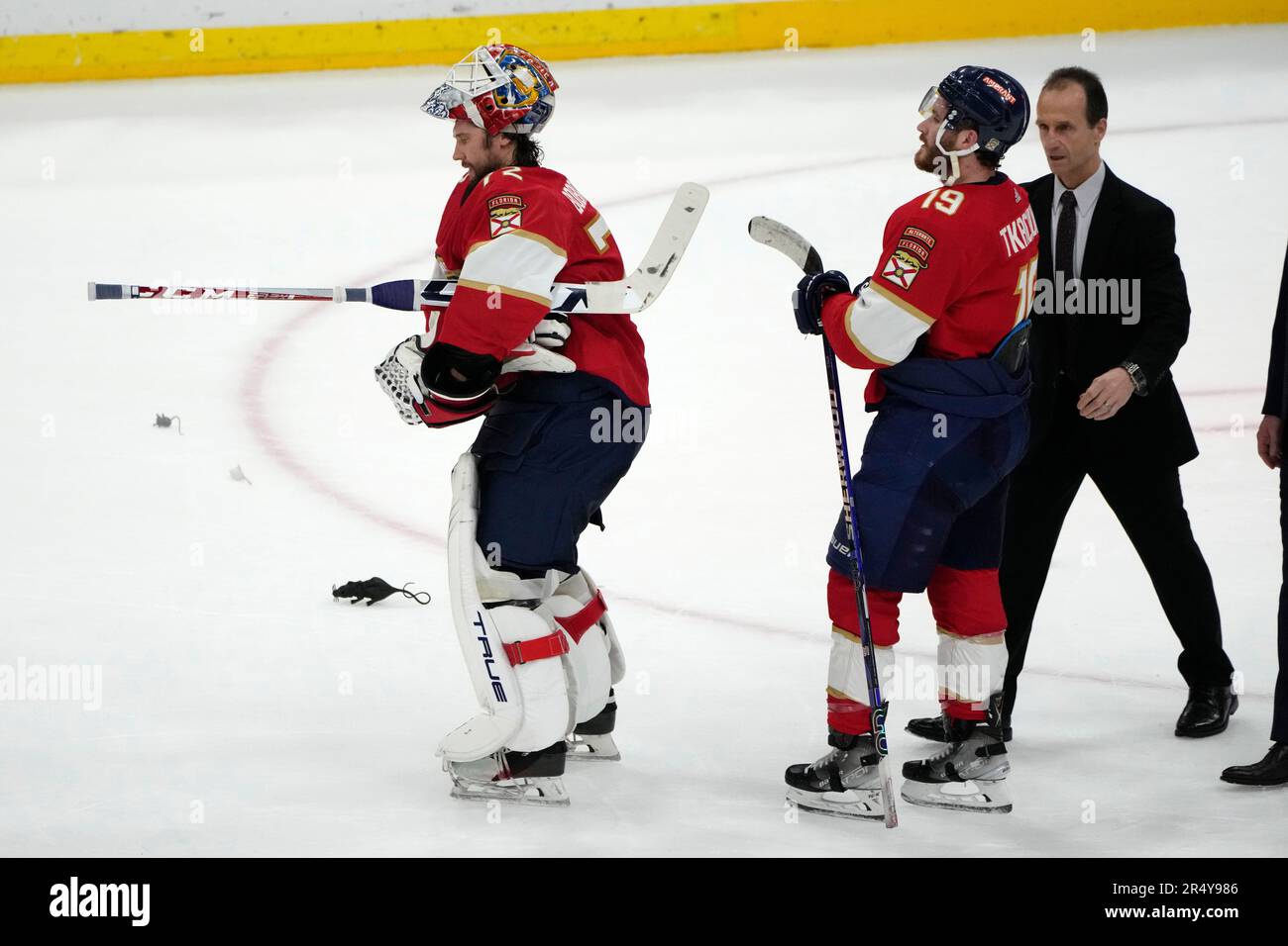 Florida Panthers goaltender Sergei Bobrovsky (72) and left wing Matthew Tkachuk (19) skate on ...