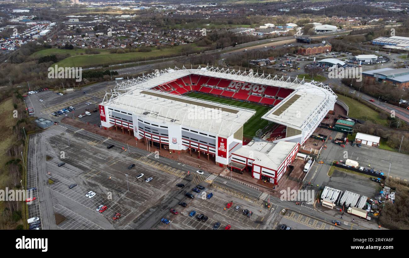Aerial view of the Bet365 Stadium, home of Stoke City FC. The ground is ...