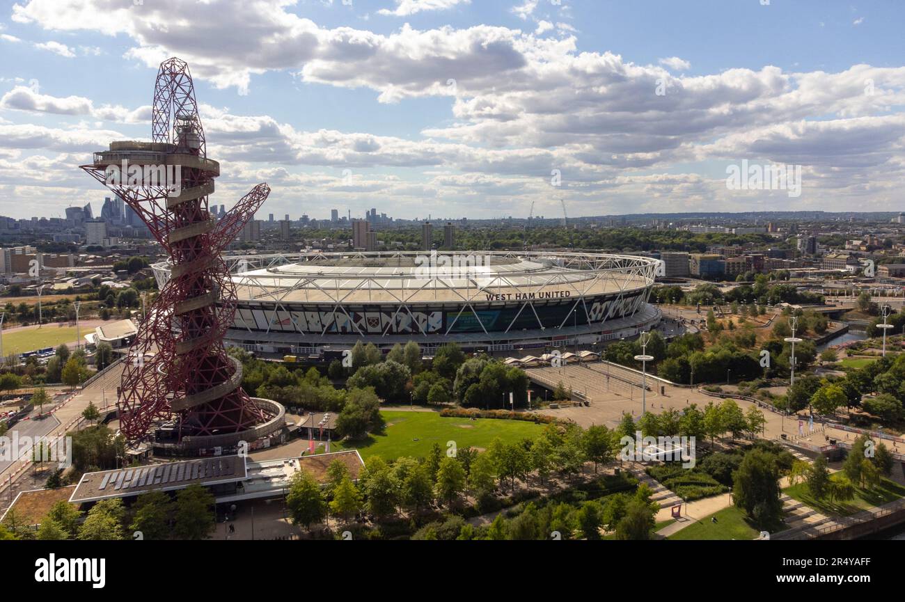 Aerial view of the London Stadium, home of West Ham United FC Stock ...