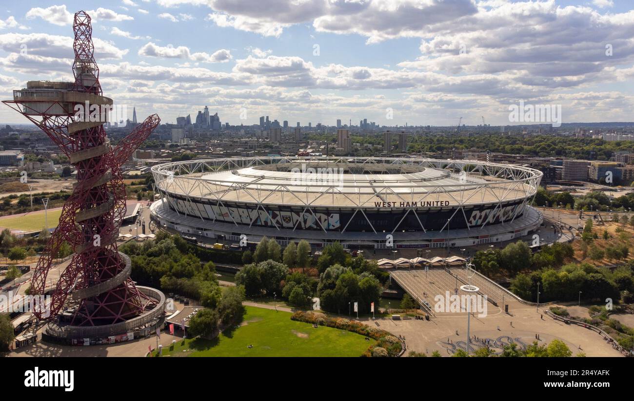 Aerial view of the London Stadium, home of West Ham United FC Stock ...