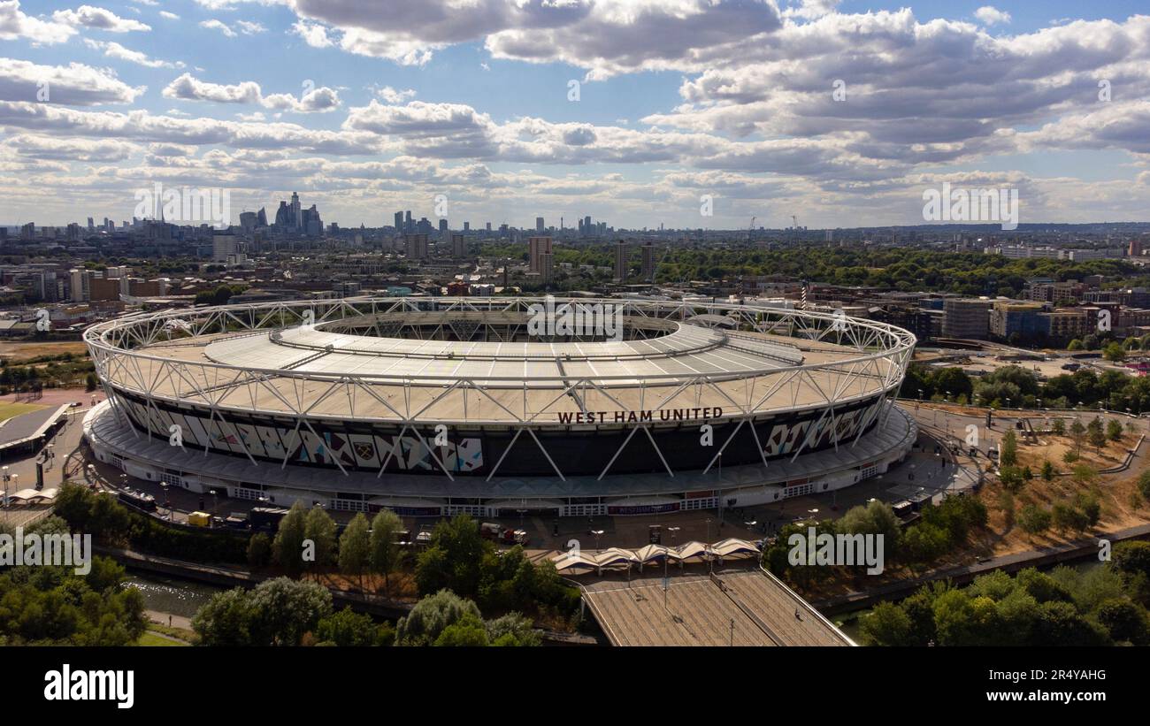 Aerial view of the London Stadium, home of West Ham United FC Stock ...